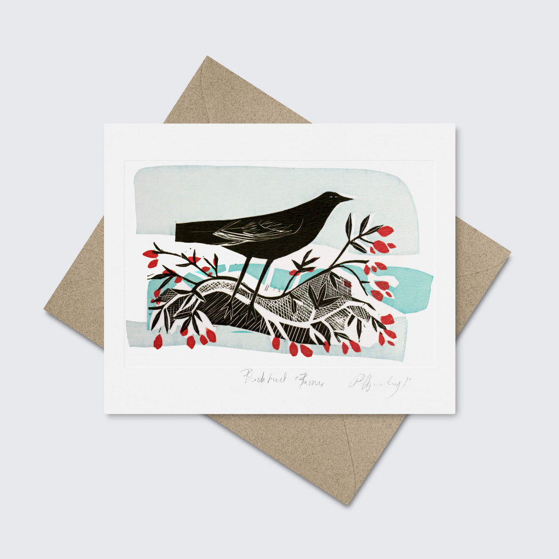 Blackbird Berries Greetings Card – Angela Harding