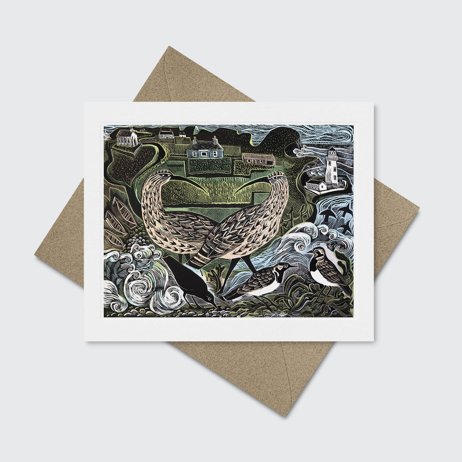 Fair Isle Curlews & South Lighthouse Greeting Card – Angela Harding